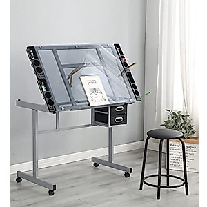HomSof Adjustable Drafting Printing Table with Chair, Grey