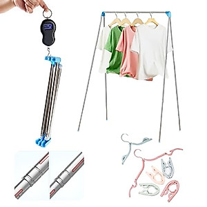 Portable Travel Garment Rack, Upgraded Easy Folding Mini Drying Clothes Rack, Retractable Drying Rack for Laundry, Travel, Camping, Hotel, Dance + 4 Folding Coat Hangers (Longer & Thicker)