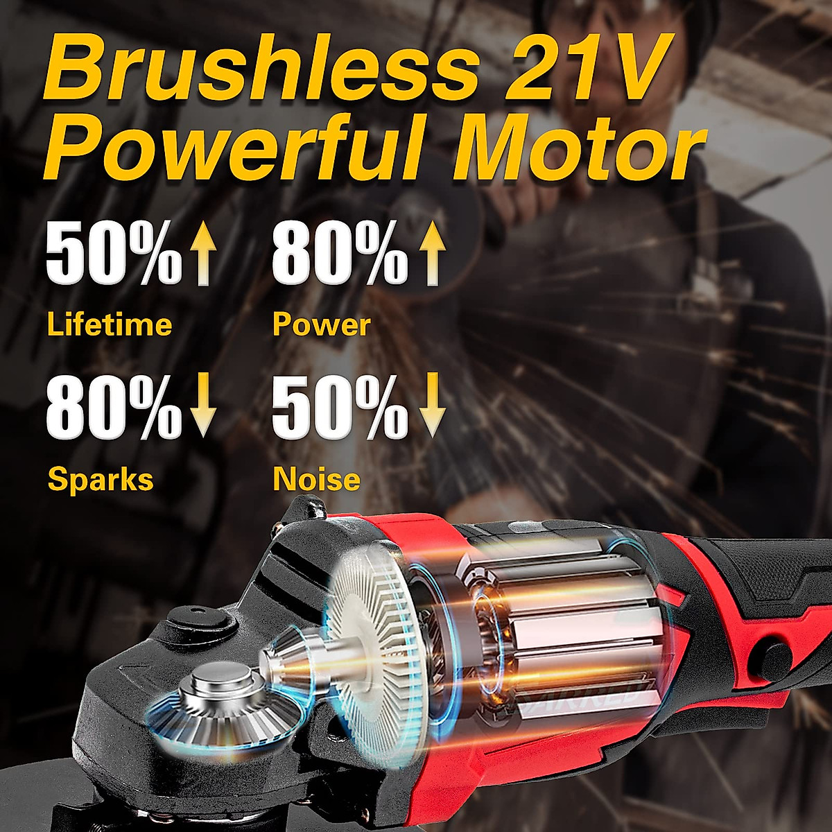 SARRED Brushless Angle Grinder 5 & 4-1/2 inch Cordless Power Grinder Grinding Tool with 2 3.0Ah Battery,7/8-Inch Arbor,Includes 16 Grinding Wheels