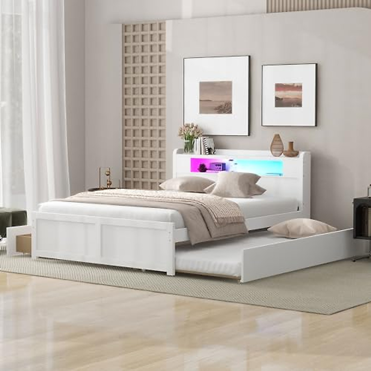 WOODRK Queen Size Storage Platform Bed Frame with Multifunctional Headboard with LED and Storage Shelves, Modern Wooden Beds with 2 Drawers and 1 Twin Size Trundle, for Bedroom, Easy Assembly, White