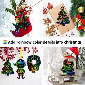 Mocoosy 48 Christmas Scratch Art Ornaments, Christmas Crafts Kits for Kids Rainbow Magic Scratch Paper Cards Xmas Hanging Ornaments Decorations DIY Winter Holiday Party Favors Set