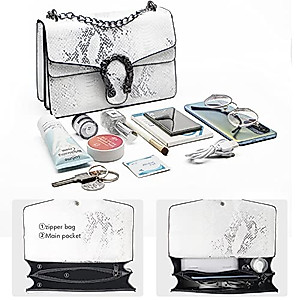Crossbody Shoulder Square Purse For Women - Fashion Embossed Snake, Small Quilted Crossbody Bags for Women Snake Printed purses for women Large capacity shoulder bag designer handbags, White