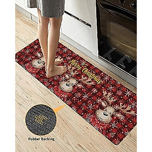 Christmas Elk Bath Mat for Tub,Non Slip Bathroom Floor Runner Rug Quick Dry & Absorbent Diatomaceous Earth Shower Sink Bedroom Kitchen Washable Doormat,Winter Snowflake Buffalo Plaid Red 18"x60"