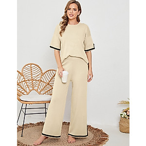 Faleave Womens Knit 2 Piece Sweater Sets Short Sleeve Pullover Tops Elastic Waist Wide Leg Pants Lounge Set(Apricot-M)