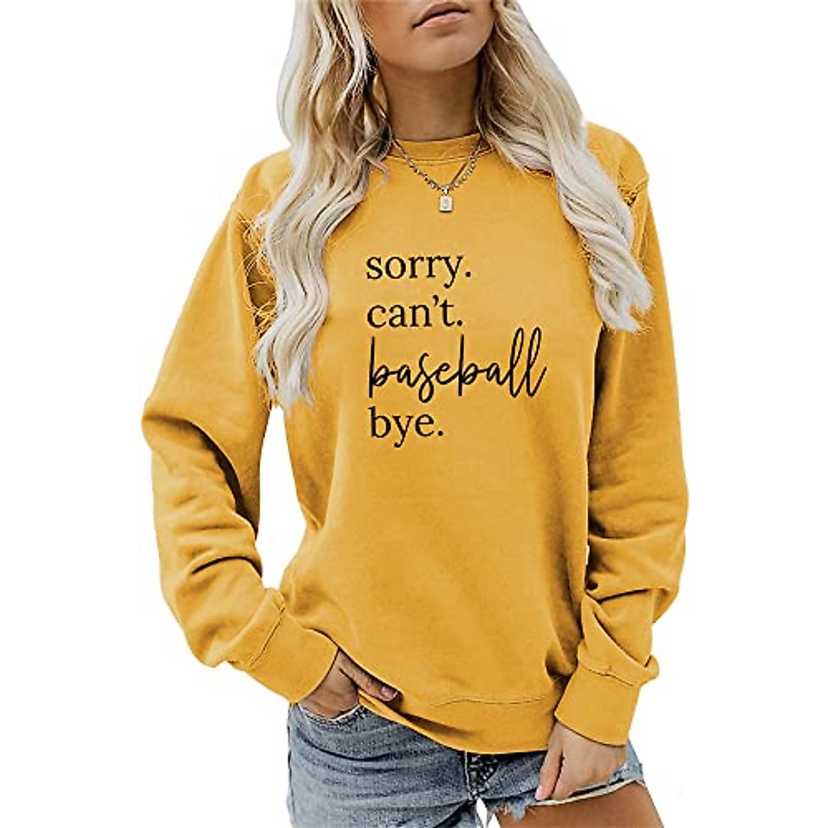 Drahwal Sorry Can't Baseball Bye Sweatshirts for Women Funny Shirt Crewneck Lightweight Pullover Tops Yellow
