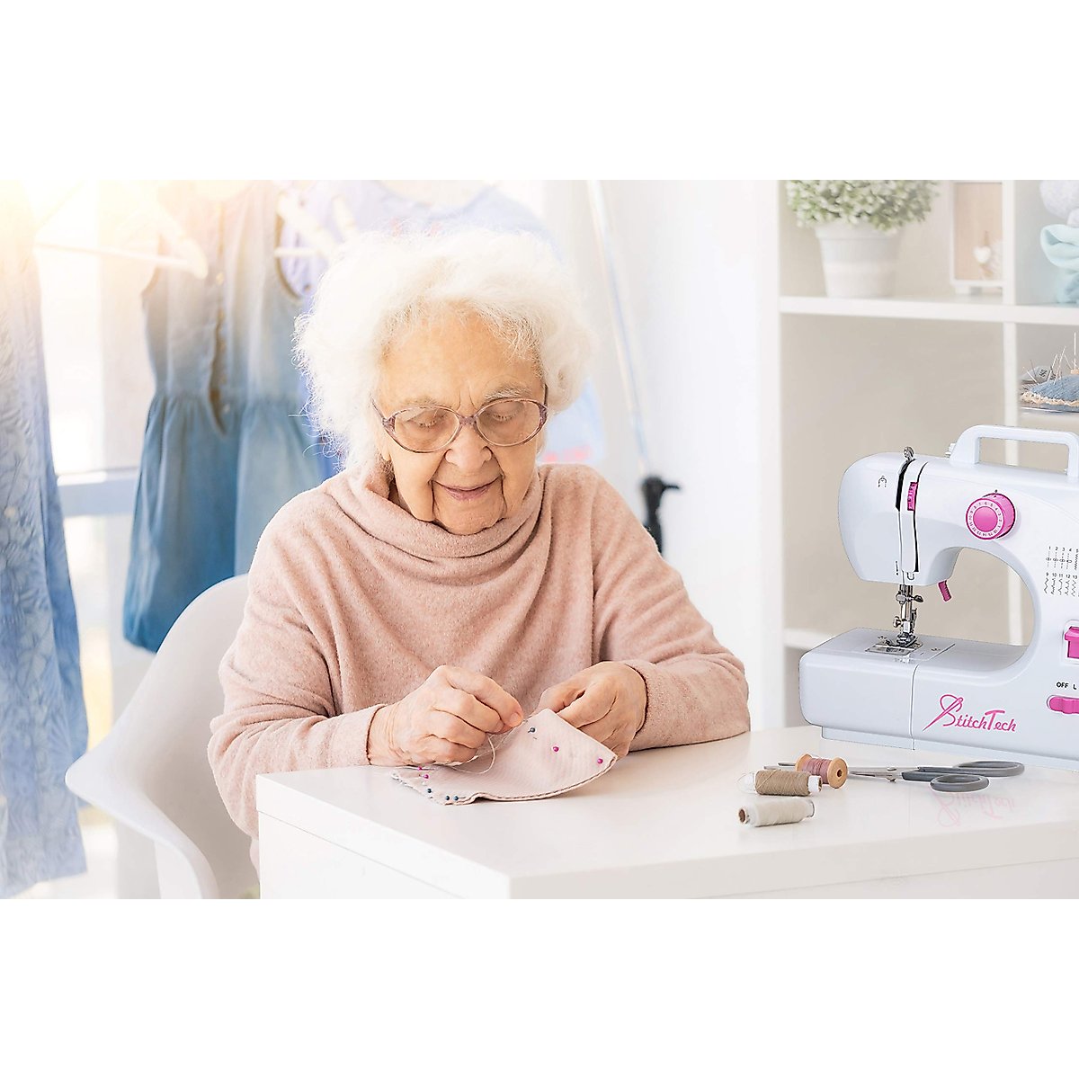 StitchTech Portable Multi-function Home Sewing Machine 16 Built-in Stitches Dual Spread Control Reverse Sewing with LED Light Comes with an Extension Table and 42 PCs Sewing Kit