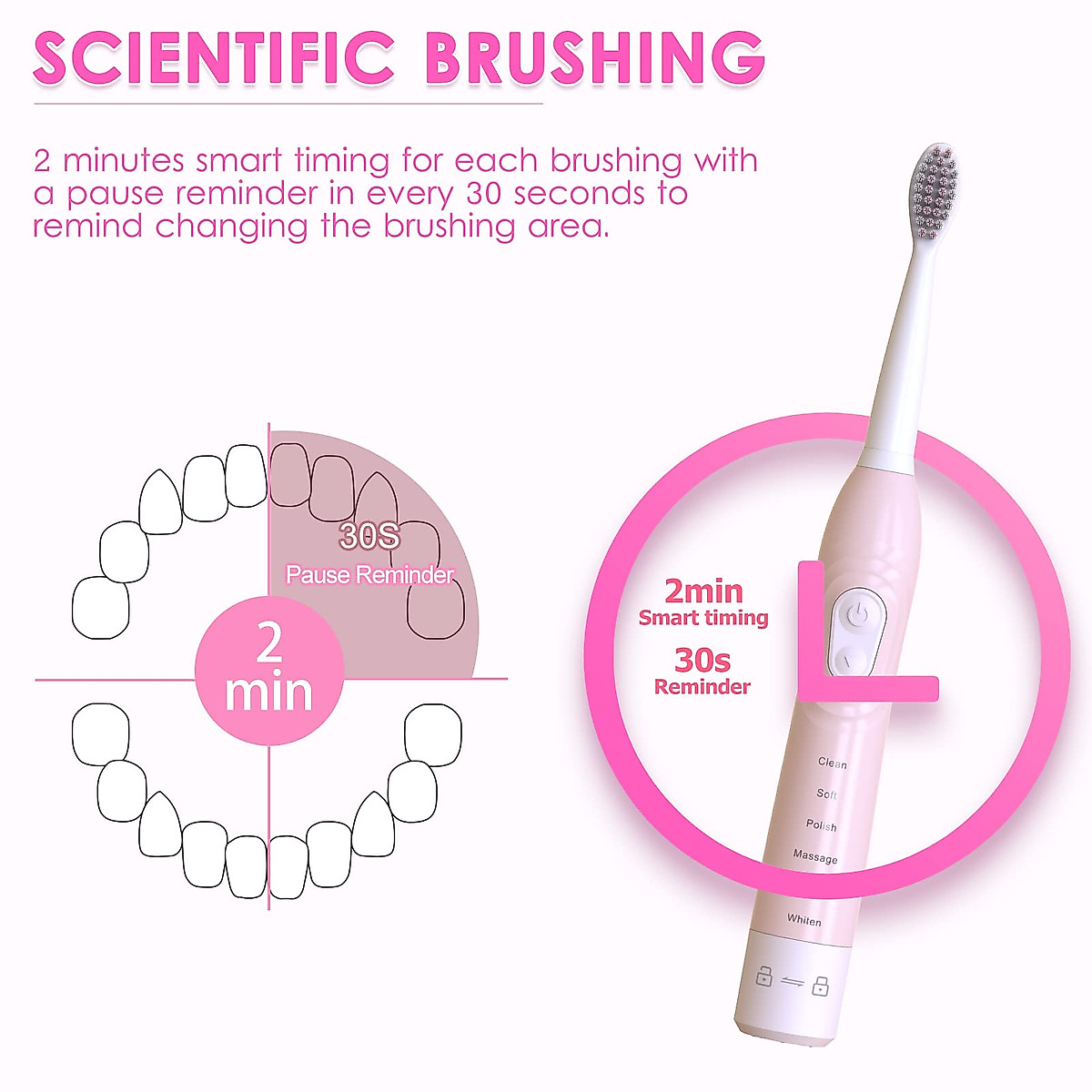 Chain Peak Sonic Electric Toothbrush for Men and Women, Rechargeable Smart Toothbrush with 6 Modes, 6 Brush Heads, 40000VPM, with Holder, Pink and White