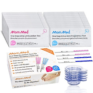 MomMed Ovulation and Pregnancy Test Strips (HCG20-LH70), at Home Ovulation Predictor Kit Includes 20 Pregnancy Tests, 70 Ovulation Test Strips and 90 Urine Cups, Accurate Fertility Test, OPK Tests