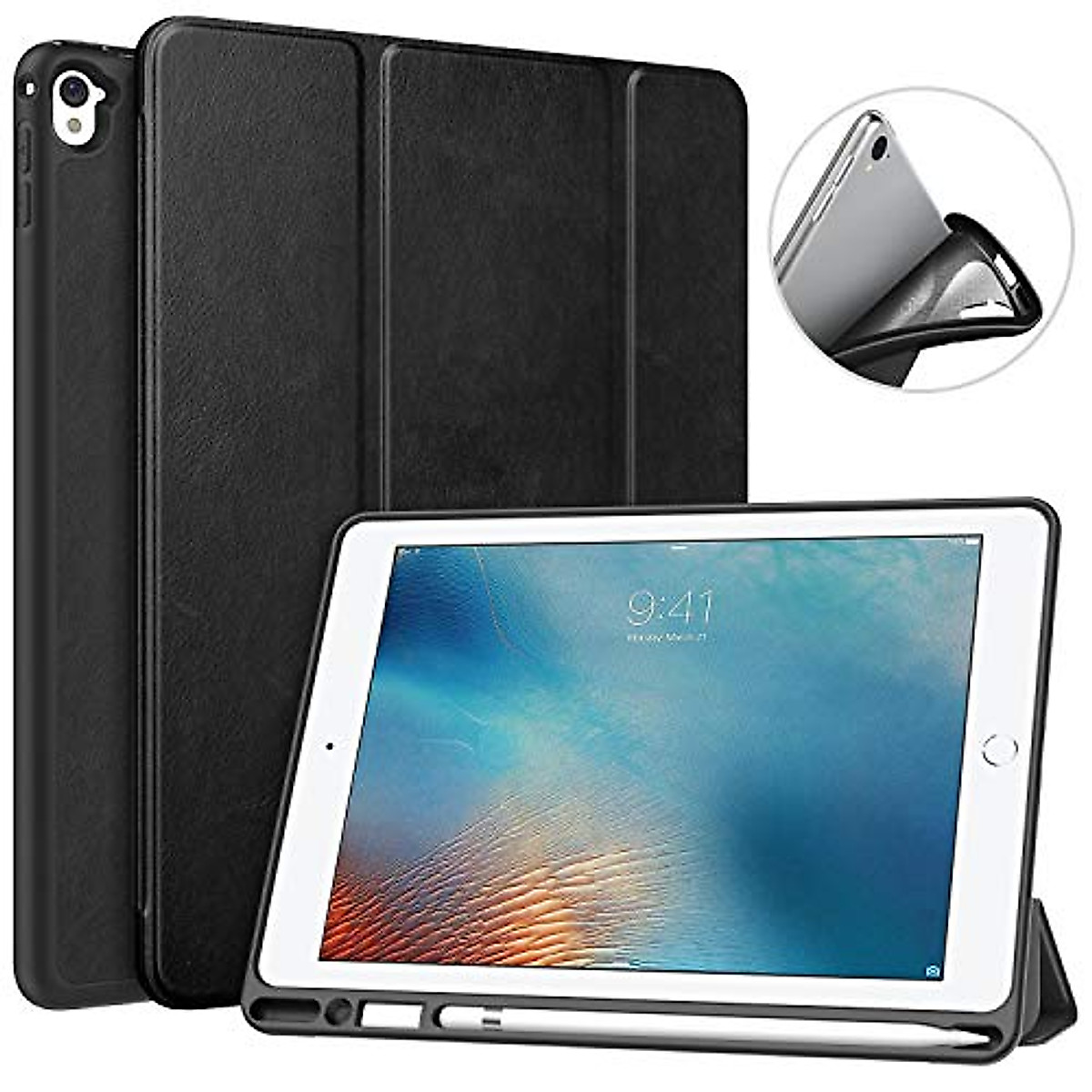MoKo Case Fit iPad Pro 9.7 with Apple Pencil Holder - Slim Lightweight Smart Shell Stand Cover Case with Auto Wake/Sleep Fit Apple iPad Pro 9.7 Inch 2016 Tablet, Black