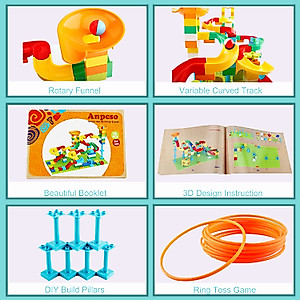 Anpcso 2-in-1 Kids Toys for 2 3 4 5 6 7 + Year Old Boys Girls Toddlers Upgrade Classic Big Bricks Marble Run Building Blocks, Toss Ring Games Compatible with All Major Brands for Christmas Birthday