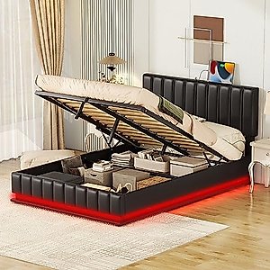 CJLMN Upholstered Platform Bed Versatility Bed, Full Size Wood Bed Frame with Hydraulic Storage System, LED Lights, Sockets and USB Ports, Kids Adults Bedroom Furniture Storage Bed (Black Bed)