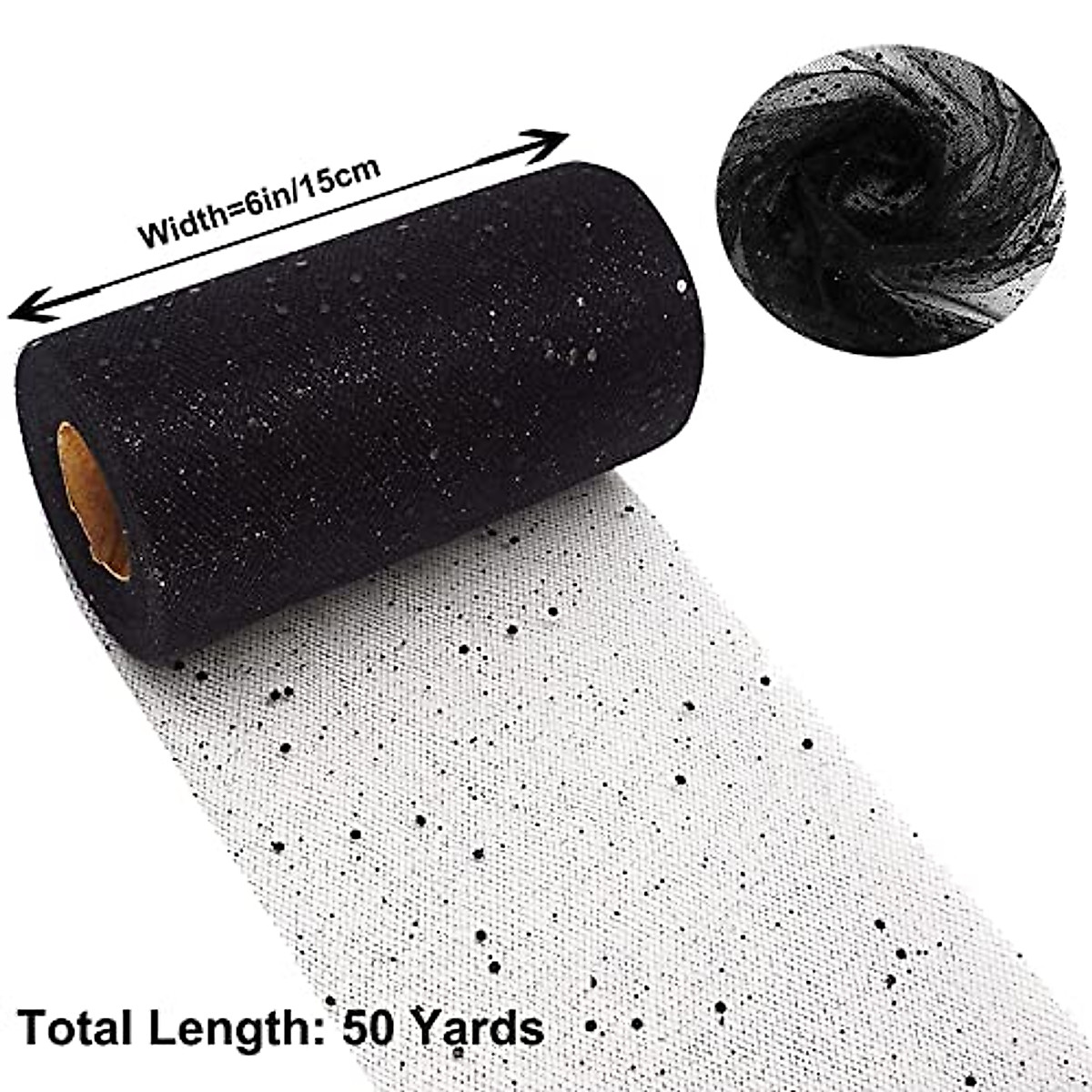 Glitter Tulle Rolls, 6” by 50 Yards (150FT) Sparkling Tulle Spool Ribbon Sequin Tulle Netting Fabric for Tutu Skirt Wedding Birthday Baby Shower (Black)