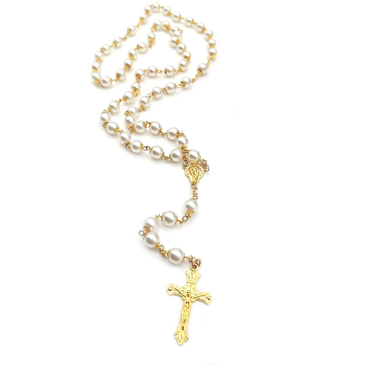 Rosary Beads Catholic for Women, First Holy Communion Rosary Gifts Catholic for Women, Gold White Rosary Necklace for Women Imitation Pearl Beads Necklace Rosarios Catolicos