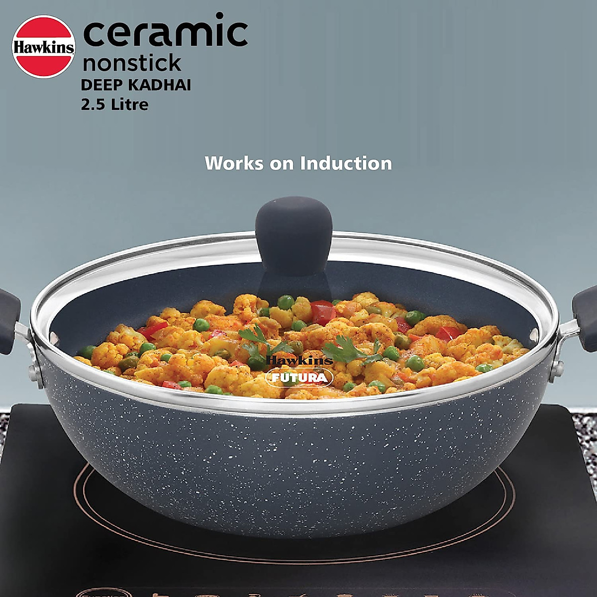 HAWKINS Ceramic Nonstick 2.5 Litre Deep Kadhai, Induction Deep Fry Pan with Glass Lid, Granite Kadai (ICK25G)