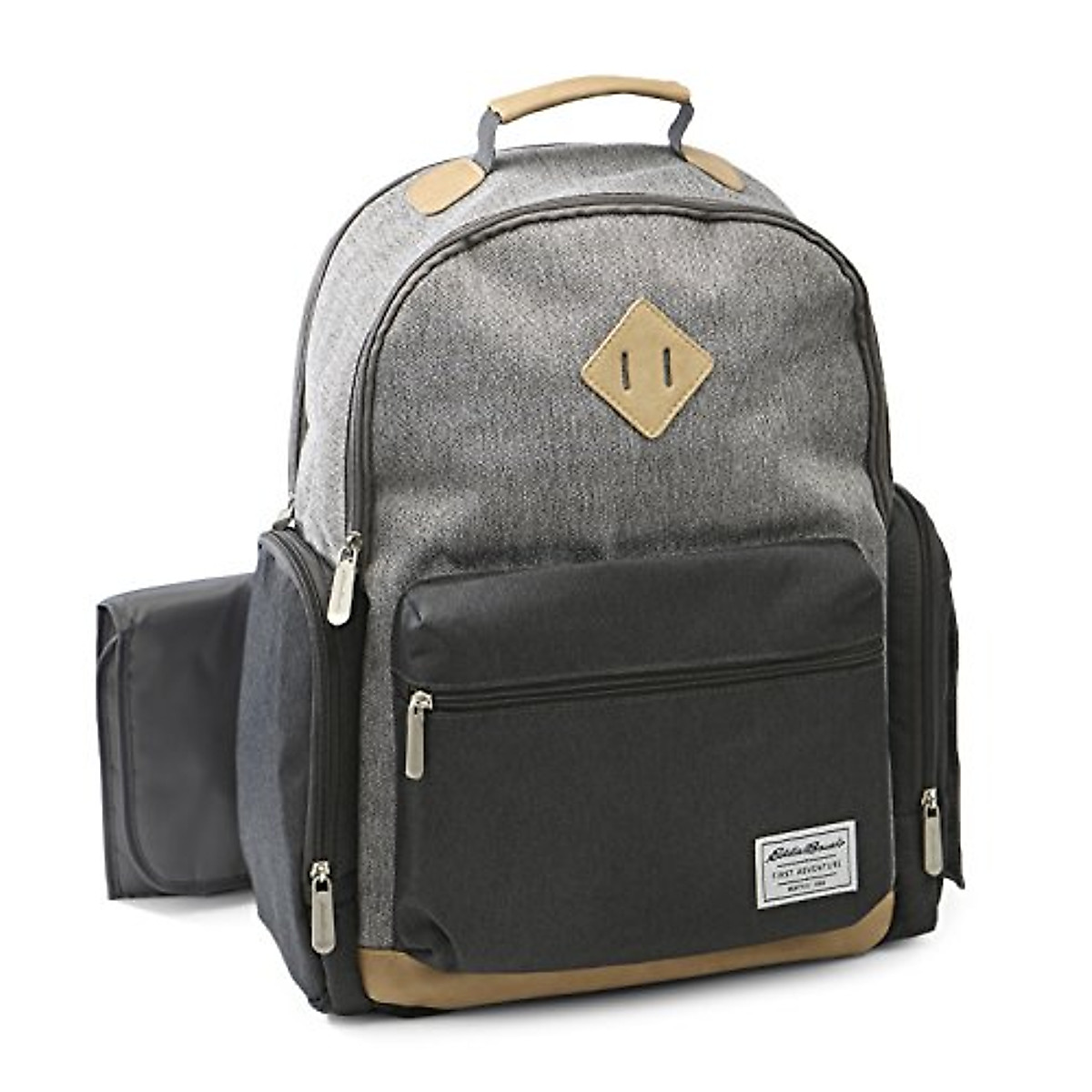 Eddie Bauer Places & Spaces Bridgeport Diaper Bag Backpack, Cooler Bottle Pockets and Changing Pad Included, Light Grey and Tan
