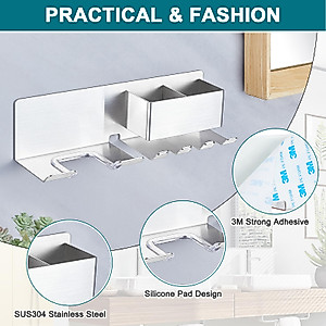 Hair Dryer Holder Wall Mounted, Blow Dryer Organizer, Hair Tool Organizer, Adhesive Blow Dryer Holder for Bathroom, Stainless Steel Hair Dryer Stand with Plug Hook & Storage Compartment