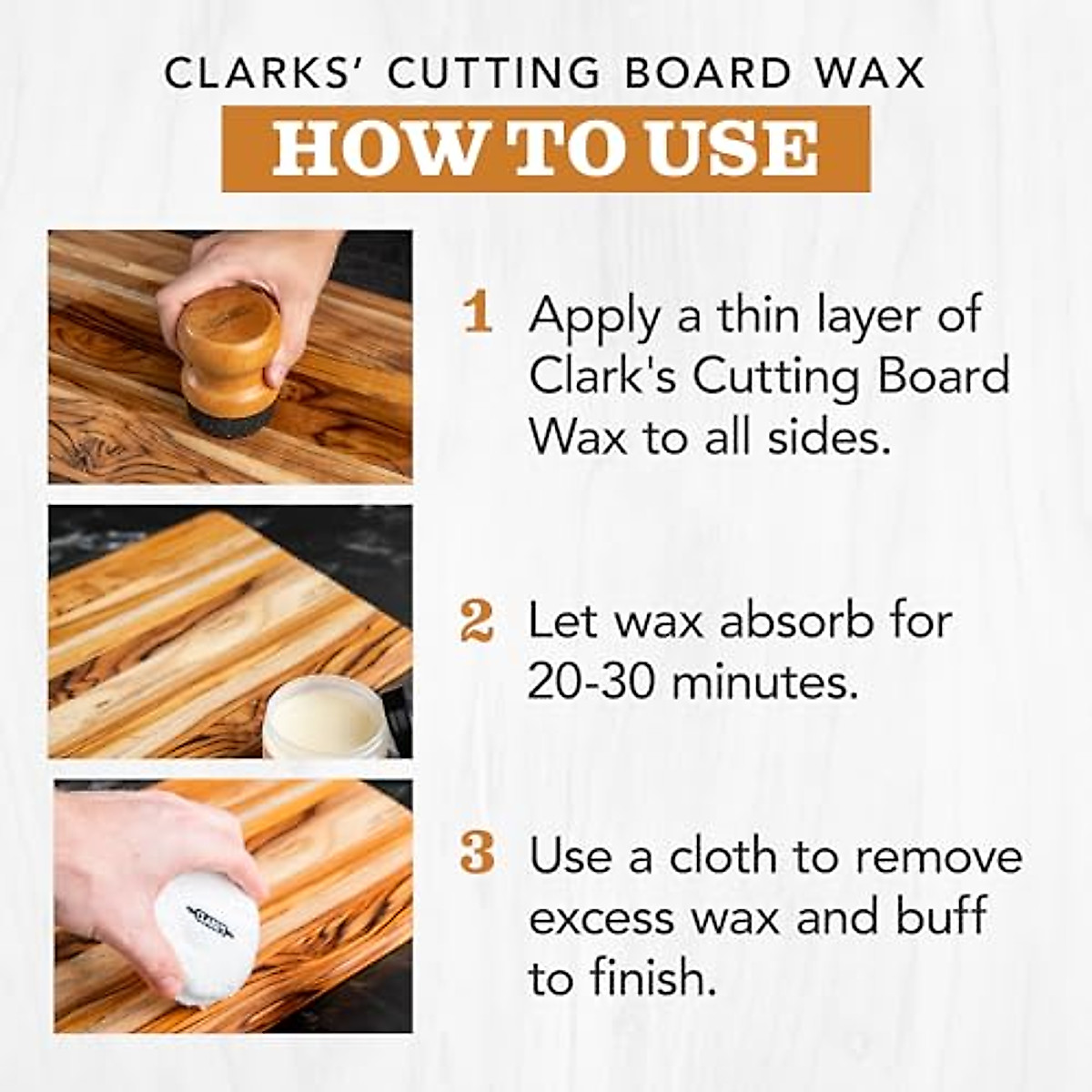 CLARK'S Bamboo Cutting Board Care Kit, Includes Mineral Oil (12oz) and Carnauba Beeswax (6oz) Enriched with Orange & Lemon Extract, Bamboo Cutting Board Oil Food Grade, Cutting Board Wax Bamboo