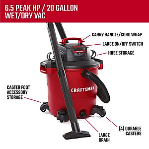 Craftsman CMXEVBE17596 20 Gallon 6.5 Peak HP Wet/Dry Vac, Heavy-Duty Shop Vacuum with Attachments and Additional General Purpose Filter