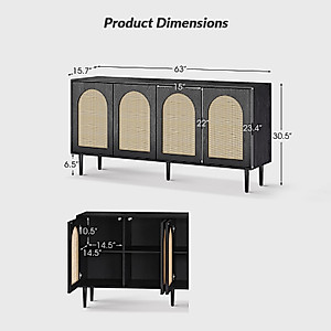 HULALA HOME 63" Wide Sideboard, Modern Sideboard Buffet Storage Cabinet with 4 Doors & 2 Adjustable Shelves, Kitchen Storage Buffet Cabinet Rattan Design, for Hallway, Entryway [Black]