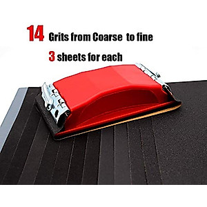 Wellgo Sanding Block With 42 pcs Sandpapers Wet Dry 120 to 3000 Assorted Grits Sandpapers, 9x3.6 Inch Sanding Sheets for Wood Furniture Finishing, Metal Sanding,Car Sanding,Glasses Sanding