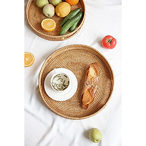 HITOMEN 14.2'' Hand-Woven Round Rattan Serving Tray Decorative Ottoman Wicker Platter with Handles for Coffee Table, Breakfast, Drinks, Snack, Bread, Fruit, Vegetables (Natural-L)