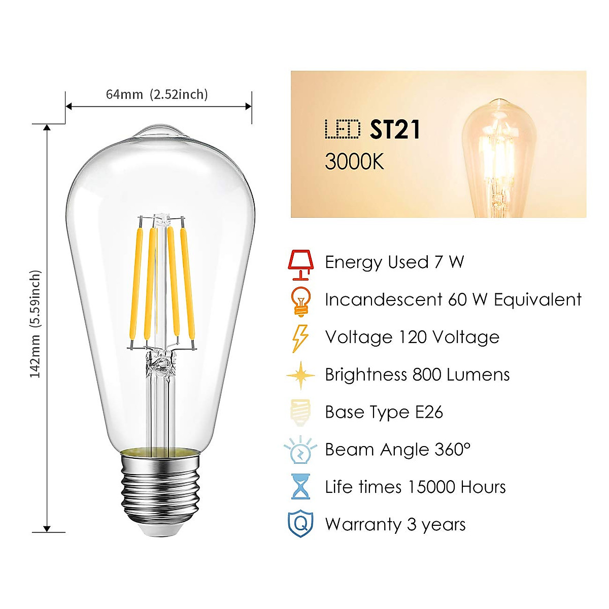 LVWIT ST21 LED Filament Bulb 7W Dimmable 3000K Soft White Vintage Edison Light Bulb E26 Medium Base (6-Pack)
