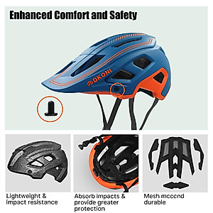 DKONI Bike Helmet for Youth Adults Men Women, Ages 8 and Up- Lightweight, Adjustable Fit 54-61cm, Removable Visor & Liners, 17 Large Air Vents (Medium, Blue/Orange)