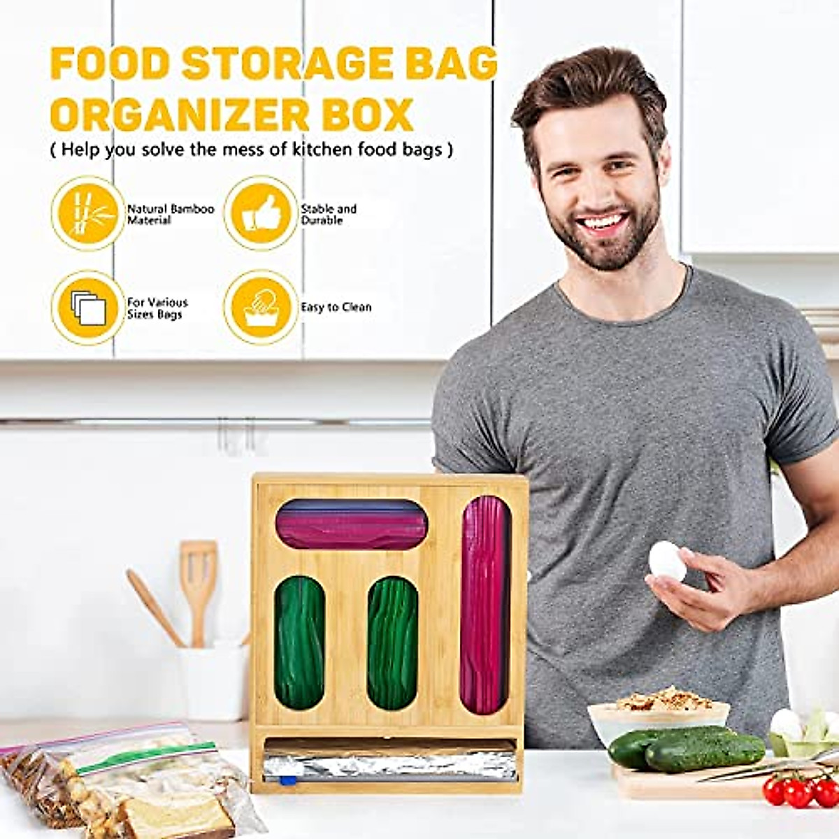 Ziplock MAJAZ Bag Storage Organizer, Food Storage Bag Holders, Bamboo Sandwich Bag Organizer, Kitchen Drawer Organizer for Ziplock Bag, Gallon Quart Snack Sandwich and Slider Bag Dispenser