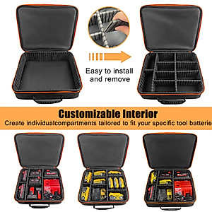 Portable Tool Battery Hard Carrying Case fits for Dewalt/Milwaukee/Makita/Ryobi 12V/18V/20V Battery & Charger,Power Tool Box Storage Bag with Adjustable Dividers for Small Parts & Hardware Organizer