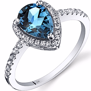 PEORA London Blue Topaz Teardrop Halo Ring for Women 14K White Gold with White Topaz, Natural Gemstone Birthstone, 1.50 Carats Pear Shape 9x6mm, Size 8