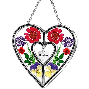 KY&BOSAM Heart Suncatchers Grandma Gift Ornament Stained Glass Sun Catcher Garden hangings Windows with Pressed Flower Heart Embedded in Glass Gifts for Grandma Mother`s Day Birthday Gifts