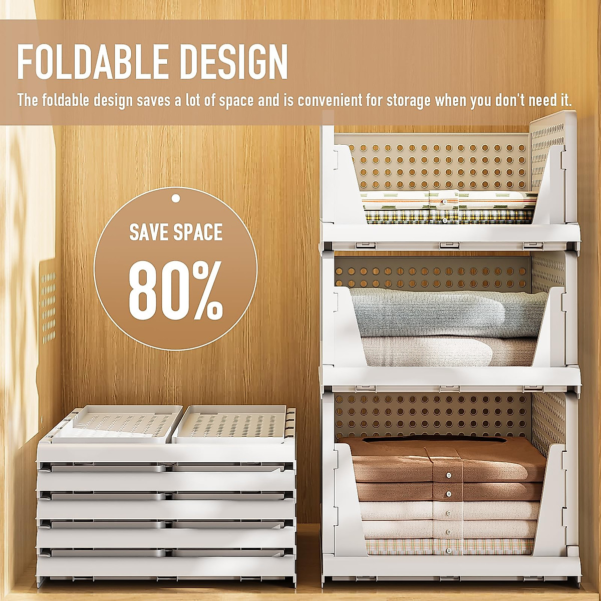 Closet Organizers and Storage, 5 Pack Closet Clothes Baskets Organizer for Closet Shelf, Open Front Stackable Storage Bins, Folding Towel Closet Organizers, Stackable Shelves for Pantry, Wardrobe