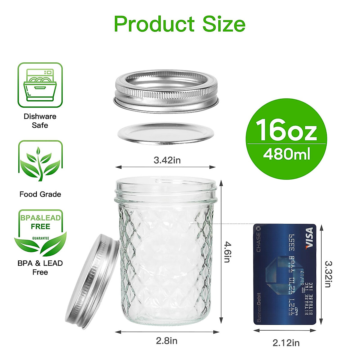 BIGIVACA Wide Mouth Mason Jars 16 oz,6 Pack Glass Canning Jars with Airtight Lids.480ml Mason Glass Jars with Lids for Overnight Oats,Jam,Yogurt,Jelly