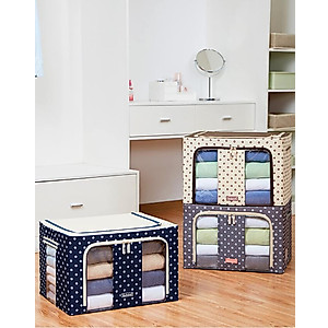 2 Pack 100L Foldable Storage Box with Transparent Double Window, Large Capacity Stackable Clothing Storage Box with Steel Frame and Metal Zipper and Carry Handles (100L, 2xUpgraded Blue Dots)