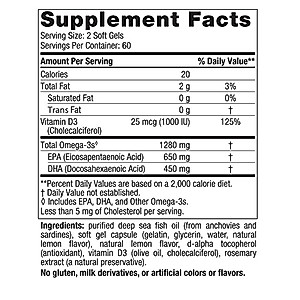 Nordic Naturals Ultimate Omega-D3, Lemon Flavor - 120 Soft Gels - 1280 mg Omega-3 + 1000 IU Vitamin D3 - Omega-3 Fish Oil - EPA & DHA - Promotes Brain, Heart, Joint, & Immune Health - 60 Servings