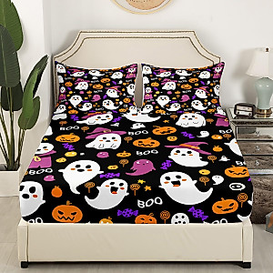 Feelyou Kids Cartoon Halloween Fitted Sheet Cute Ghost Pumpkin Sheets Set for Child Boys Girls Black Purple Queen Size Bedding Set Decoration Kawaii Bed Sheet Set Collection
