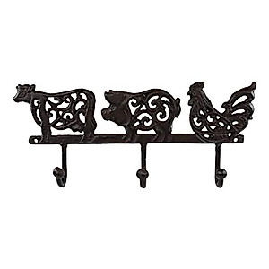 Ebros Cast Iron Filigree Scroll Patterns Rustic Barn Animals Chicken Pig and Cow 3 Peg Wall Hooks Western Vintage Farmhouse Multi-Purpose Hanger Plaque for Coats Hats Keys Clothing Towel Pet Leash