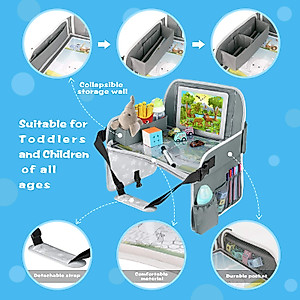 MENZOKE Kids Travel Tray Car Seat Tray for Boys or Girls Travel Gifts with Educational Drawing Board, Tablet Holder & Cooler Cup Holder, Road Trip Essentials for Car Trip, Airplane, Grey
