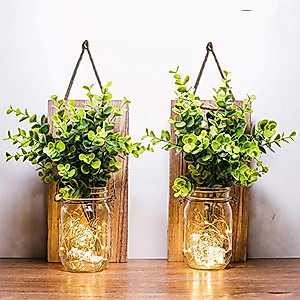 Rustic Wall Sconces, Mason Jar Sconces, Farmhouse Home Decor, LED Fairy Lights, Green Fake Plant, Interior Decoration Warm Toned Lighting. (2 Pack)