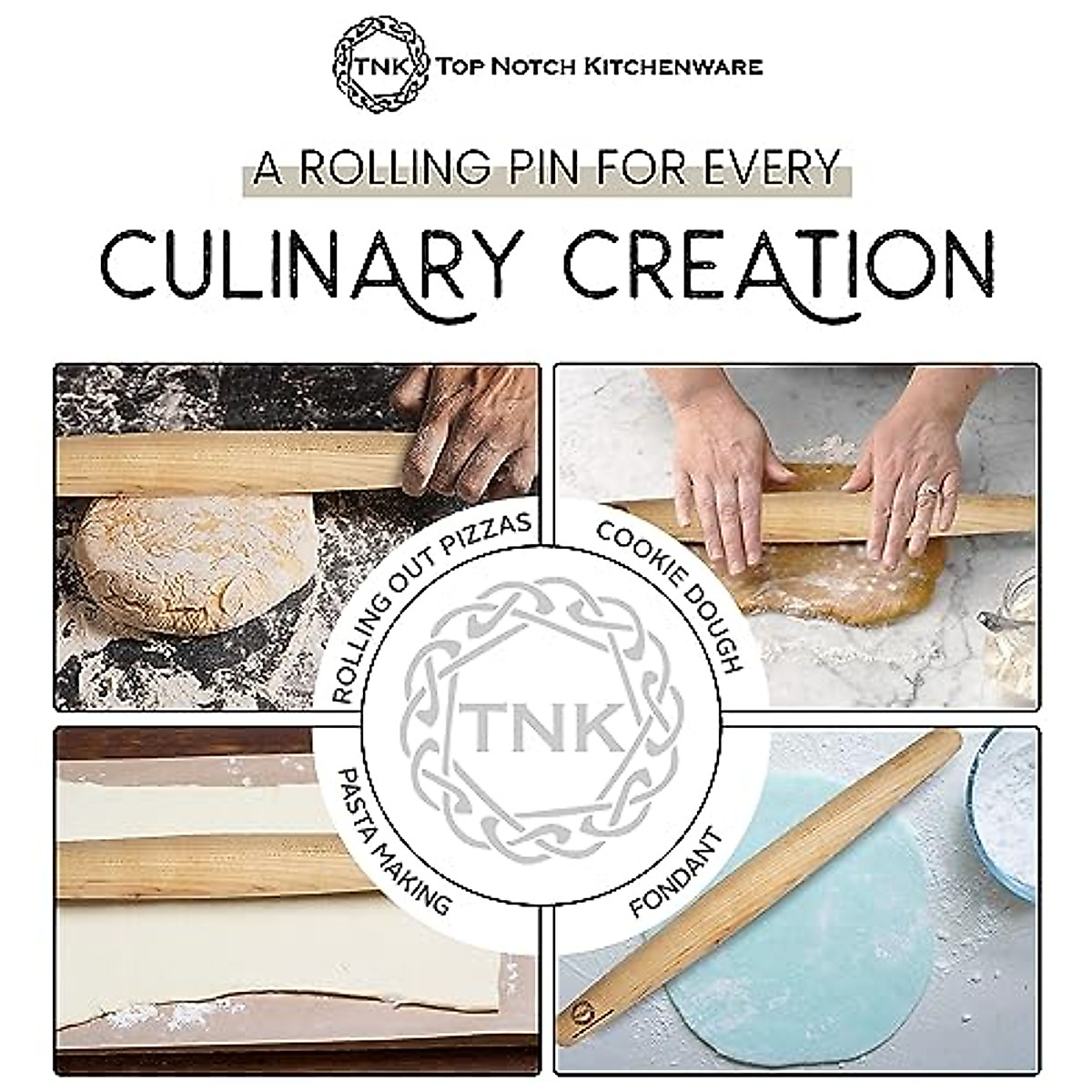 Sugar Maple French Style Rolling Pin: Tapered Solid Wood Design. Hand Crafted in the USA. By Top Notch Kitchenware!