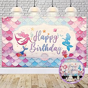 Ayearparty Mermaid Backdrop for Girls Birthday Under The Sea Theme Party Decorations Little Mermaid Scales Photography Photo Studio Booth Banner Kids Baby Happy Birthday Background 71 x 43 Inch