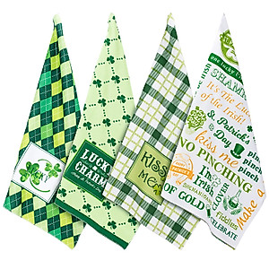 Whaline 4 Pack St Patrick's Day Kitchen Towel Lucky Shamrock Dish Towel Green Plaid Clover Kitchen Hand Drying Tea Towel for Cooking Baking Cleaning Wipes, 18 x 28 Inch