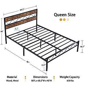 VECELO Queen Size Bed Frame with Wooden Headboard, Heavy Duty 14 Metal Slats Support, No Box Spring Needed, Platform Mattress Base, Under Bed Storage, Noise Free, Easy Assembly