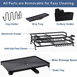 [Upgraded] Aluminum Dish Drying Rack, ROTTOGOON Rustproof Dish Rack and Drainboard Set with Drainage, Utensil Holder, Cup Holder, Compact Dish Drainer for Kitchen Counter Cabinet, 16.9" x 12.2", Black