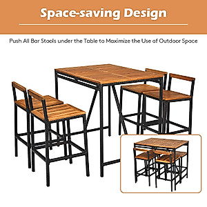 Tangkula 5-Piece Outdoor Acacia Wood Bar Table Set, Bar Height Outdoor and Rattan Dining Set, Rectangular Bar Table with Umbrella Hole and 4 Bar Stools for Patio, Garden and Backyard (Black)