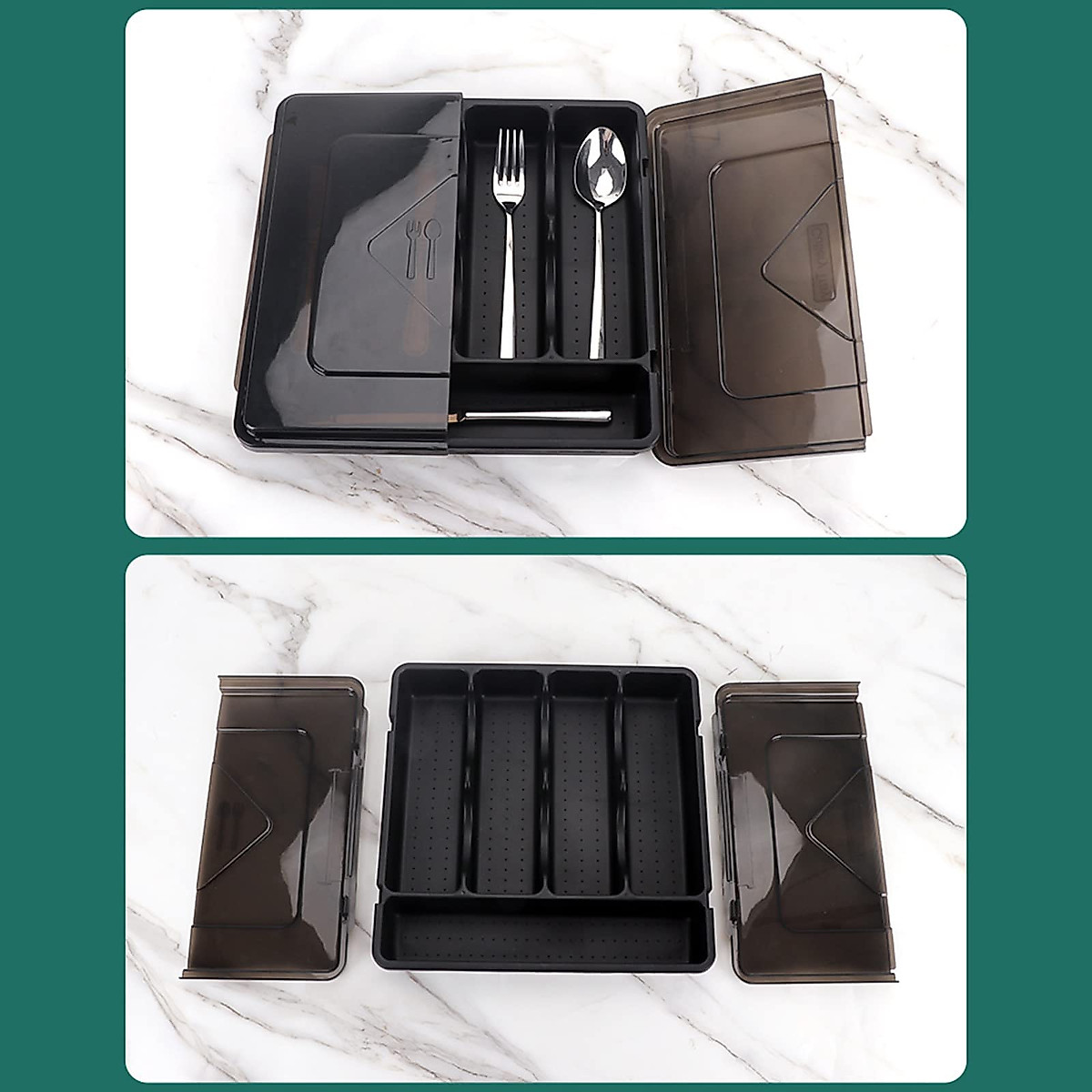 RNCOZE Utensil Holder for Countertop with Lid, 5 Compartments Flatware Organizer, Portable Flip Cover Silverware Organizer Storage Case, Plastic Silverware Tray for Drawer Countertop