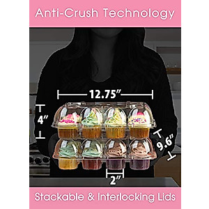 (12Pack x 12 Sets) STACK'nGO Cupcake Carriers - Sturdy Strong High Tall Dome Containers Plastic Disposable Storage Boxes Dozen Compartments Slots Holder Cupcakes Box Tray Container Cup Cake Holders