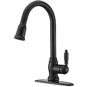 Kitchen Faucet with Pull Down Sprayer Oil Rubbed Bronze, SonTiy High Arc Single Handle Kitchen Sink Faucets with Deck Plate, Commercial Pull Out Faucets for Kitchen Sink, Solid Brass
