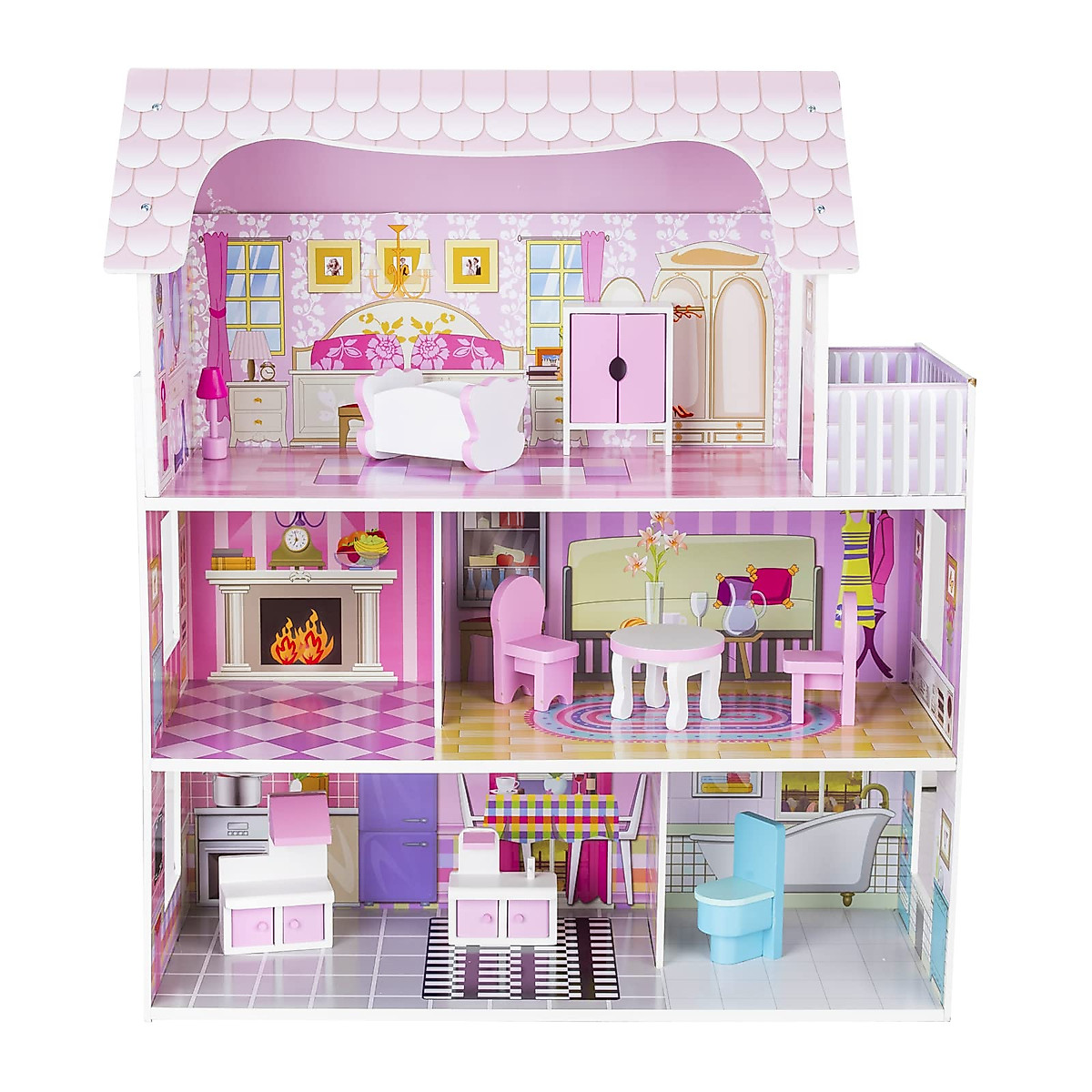 Wooden Dollhouse with Furniture for Kids Girls, Toys for 3 4 5 6 Years Old (Style 3)