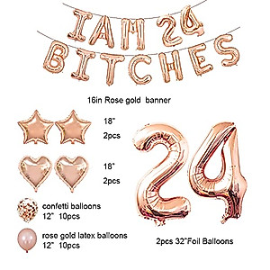 Santonila 24th Birthday Party Set-I am 24 Bitches Funny Banner Confetti Rose Gold Balloons for Girls 24 Years Old Birthday Decorations
